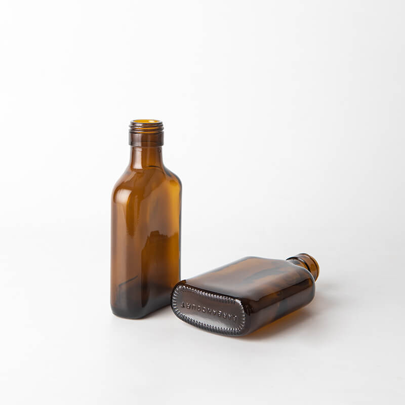 Flat Amber Small Glass Alcoholic Bottle with Screw Finish