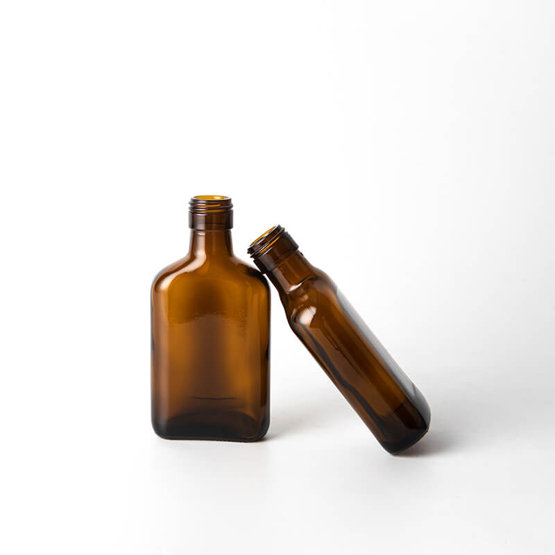 Flat Amber Small Glass Alcoholic Bottle with Screw Finish
